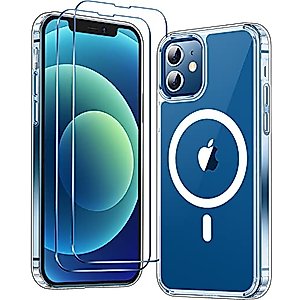 Temdan for iPhone 12 Case for iPhone 12 Pro Case,[Compatible with Magsafe][2 Pcs Glass Screen Protector] [Not Yellowing] Slim Thin Shockproof Phone Case 6.1"-Clear