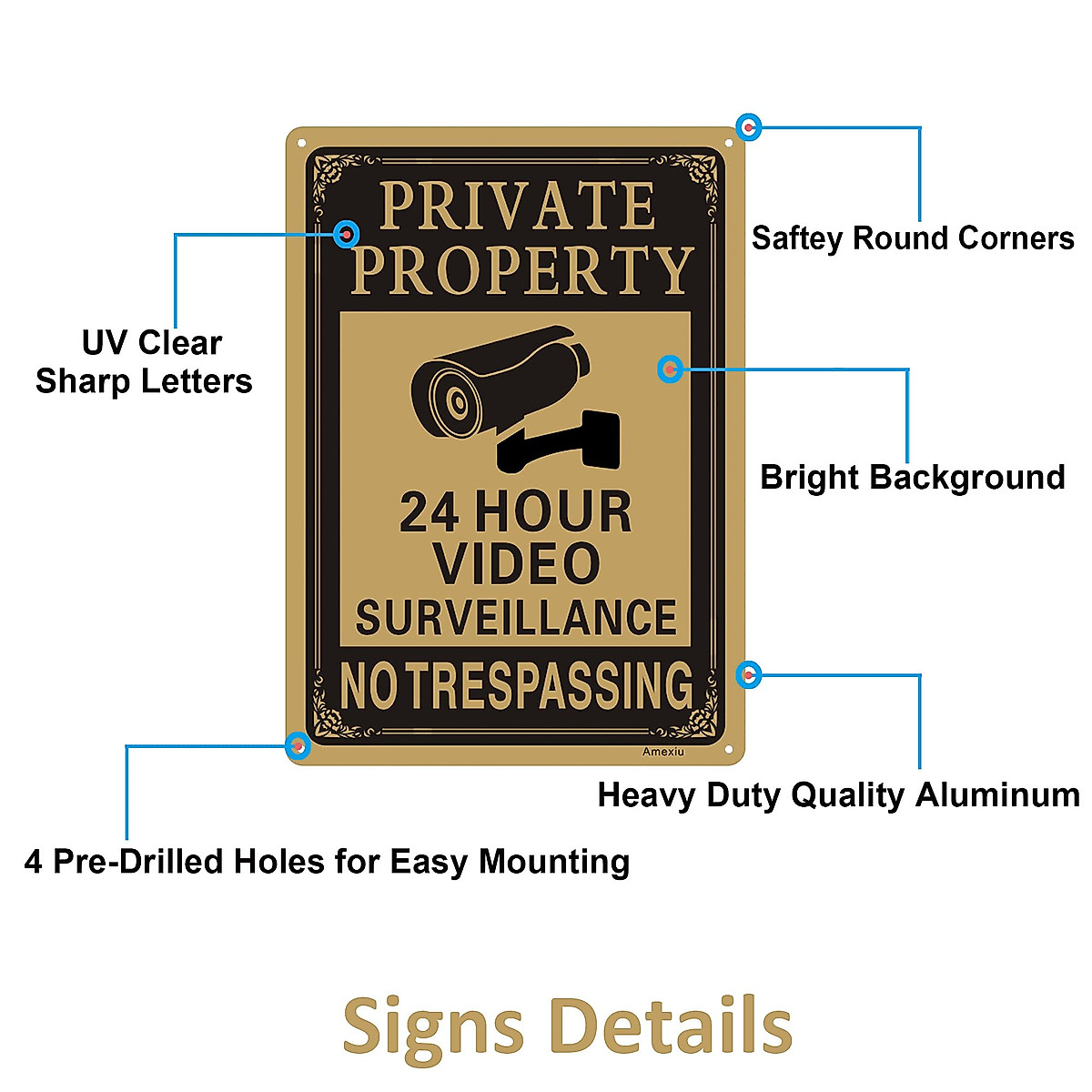 Amexiu Private Property No Trespassing 24 Hours CCTV Camera Video Surveillance Warning Sign | 10" x 7" Rust Free Aluminum Easy Mounting Fade Resistance, 2 Pack