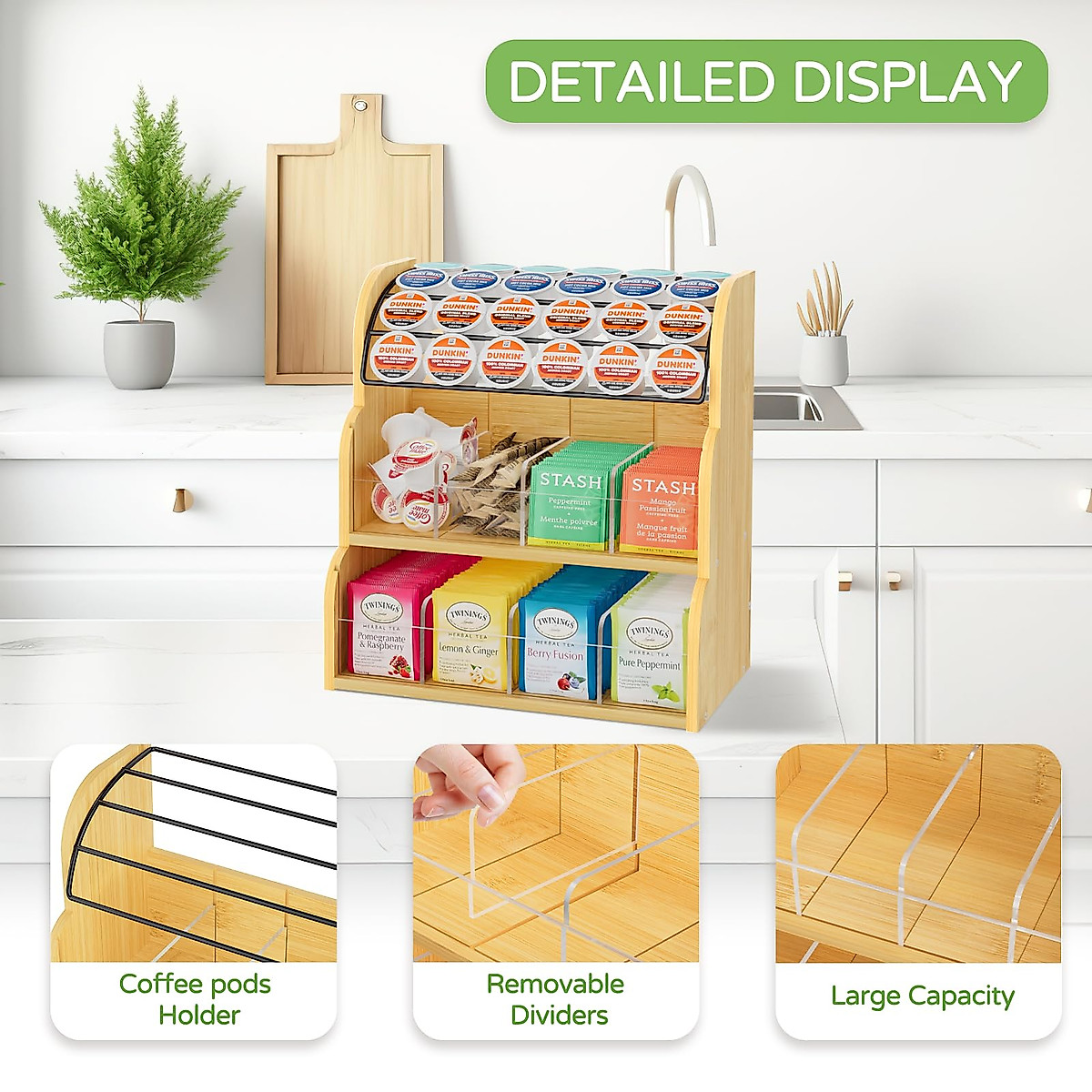 LASZOLA Bamboo Tea Bag and Coffee Holder Organizer for Cabinet Counter Office, 3 Tier Large Capacity Vertical K Cup and Tea Packet Storage Rack, Sturdy Display Stand, Easy Assemble