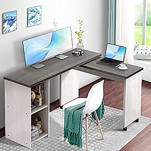 DOSLEEPS L Shaped Desk with Storage 360° Rotating Computer Desk, Modern Wood Entryway Console Table, Home Office Desk,Grey & White.