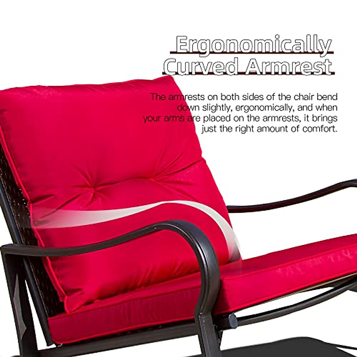 Domi Outdoor Bistro Set 3 Pieces Rocking Chairs Wicker with Curved Armrest Patio Furniture with Glass Top Coffee Table (Red Cushion)