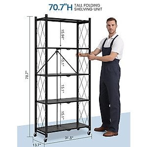 ALANNG 70.7" H Metal Storage Shelves, 5 Tier Folding Storage Shelves on Wheels, Heavy Duty Collapsible Shelving Unit, No Assembly Storage Rack for Kitchen, Basement, Pantry (Black,1 Pack)