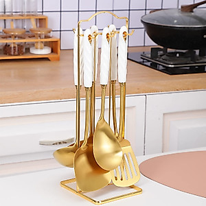 Cooking Utensils Set with Holder,7 PC 304 Stainless Steel High-Grade Gold Cooking Kitchen Utensil Set with Ceramic Handle,Spatula,Turner Spatula,Ladle,Serving Spoon,Slotted Spoon,Pasta Server (White)