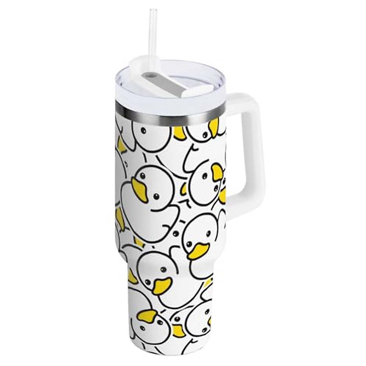 MCHIVER Cute Duck White 30 oz Tumbler with Handle and Straw Stainless Steel Vacuum Water Bottle Leak-proof Travel Coffee Mug Insulated Tumbler for Office Home Car
