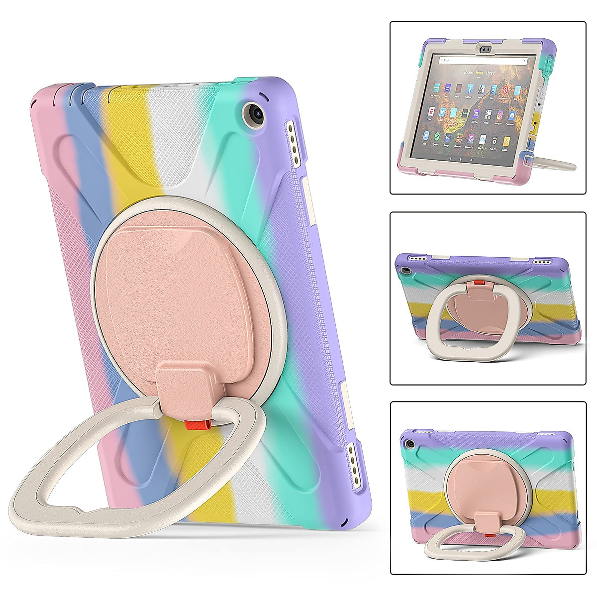 360 ° Rotation Portable Case for Fire HD 10 & 10 Plus Tablet（11th Generation, 2021 Release Rugged Case Rotating Stand Hand Strap Shoulder Carrying Strap Outdoor Cover (Colourful Pink)