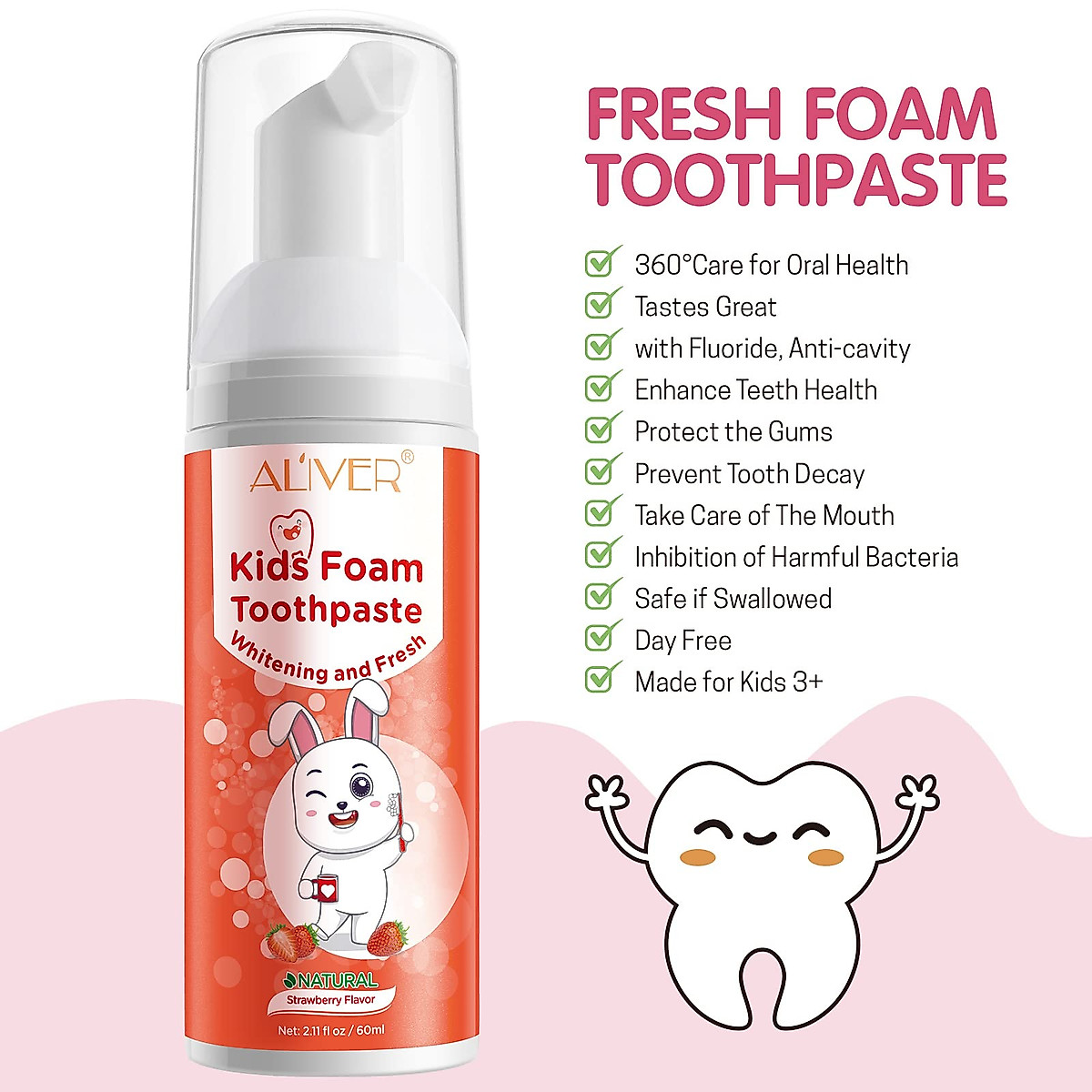 Kids Strawberry Foaming Toothpaste, Anti-Cavity Fluoride, Great Tasting, Safe and Effective, 360ºCare for Mouth, for Children Kids Age for 3 and Up, 2 PCS