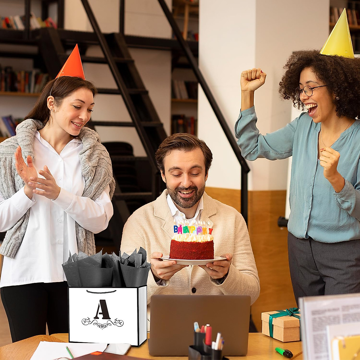 ysmile Letter Gift Bag with Wrapping Tissue for Men Women, 12" Large White Black Paper Bag for Birthday Anniversary - Single A