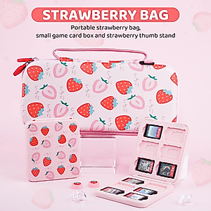 FANPL Carrying Case for Nintendo Switch & Switch OLED, Pink Cute Strawberry Travel Hard Protectiv Case for Switch with Adjustable Shoulder Strap, Game Case, Thumb Grips - Super soft plush lining