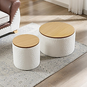 ONEVOG Beige Storage Ottoman with Wooden Lid, Tufted Boucle Fabric, Round Side Table Pouf, Small Vanity Seat Stool, Storage Footstool Chair for Living Room, Bedroom