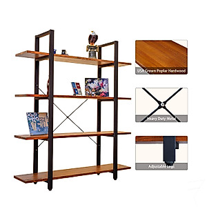 CONSDAN Industrial Bookshelf, USA Grown Hardwood, Real Wood Bookshelves, Modern Open Rustic Bookcase, Storage Shelf, Display Shelf, Poplar Solid Wood-4 Tier Shelf