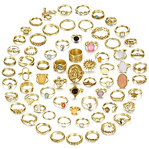 Subiceto 70 Pcs Vintage Crystal Ring Set Silver Knuckle Rings for Women Bohemian Stackable Joint Rings Retro Boho Stacking Joint Finger Rings Pack Gold