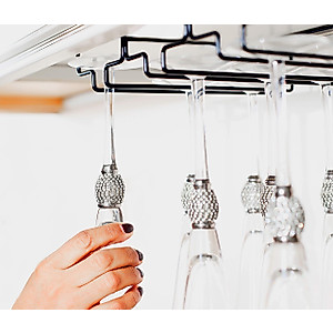 Wine Glass Rack - Under Cabinet Stemware Wine Glass Holder Durable Glasses Storage Hanger Metal Organizer for Bar Kitchen UPGRADED DESIGN Black (3 Rows)