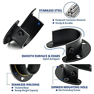 Closet Rod Bracket, (4 Pack) Heavy Duty Closet Rod Support Black Stainless Steel Closet Shower Rod Holders 1 1/4 Inch Closet Pole Holder Sockets U Shaped Wardrobe Brackets Flange Rod Holder End Caps