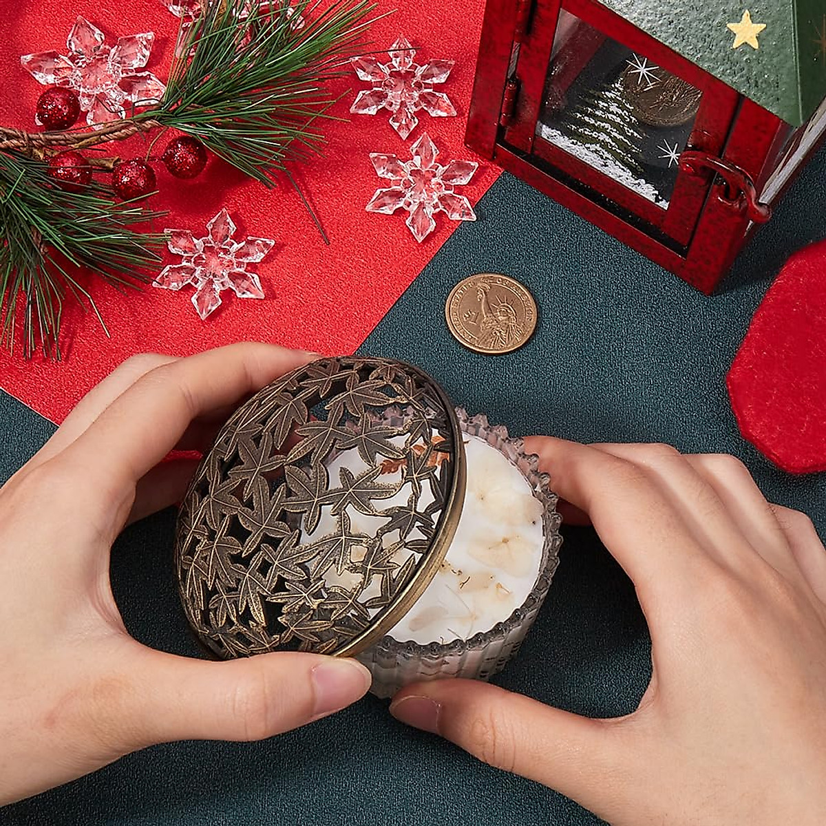 GORGECRAFT Topper Scented Candles Cover Maple Leaf Antique Cyan Candle Toppers Gifts Alloy Round Jar Candle Lid-Help Shade Sleeves Accessories for Women Help Jar Candles Melt Burn Evenly Space