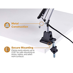 Bostitch Office VLF100-SLV Swing Arm Desk Lamp with Clamp Mount, 36" Reach with Multi-Joint Adjustment, Includes Replaceable LED Bulb (VLF), Silver