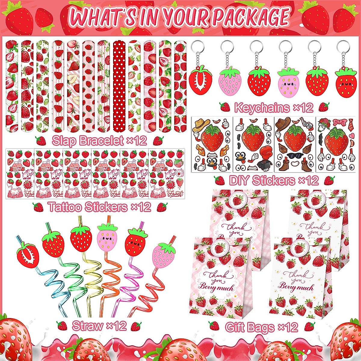 Strawberry Party Favor 72 PCS Sweet Berry Slap Bracelets DIY Stickers Temporary Tattoos Keychain Plastic Straws Gift Bags for Kids Girls Birthday Party Baby Shower Summer Fruit Goodie Bag Fillers
