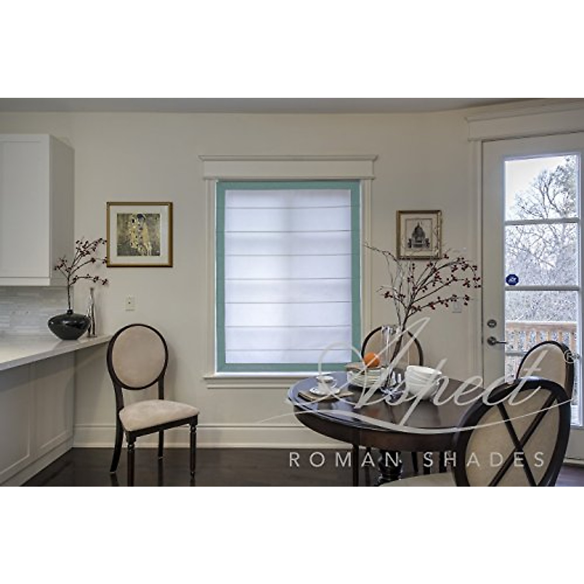 LOGANOVA Flat Roman Shade Chevalle Seafoam. White background with blue green border on four sides and chain mechanism. Custom made.