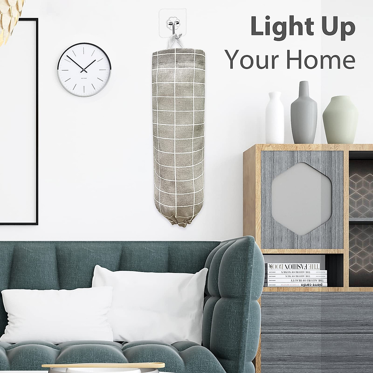 SYIPO Plastic Bag Holder, Reusable Grocery Bag Organizer, Wall Mount, Plaid Grey, 1 Pack, 15.7in x 9.8in