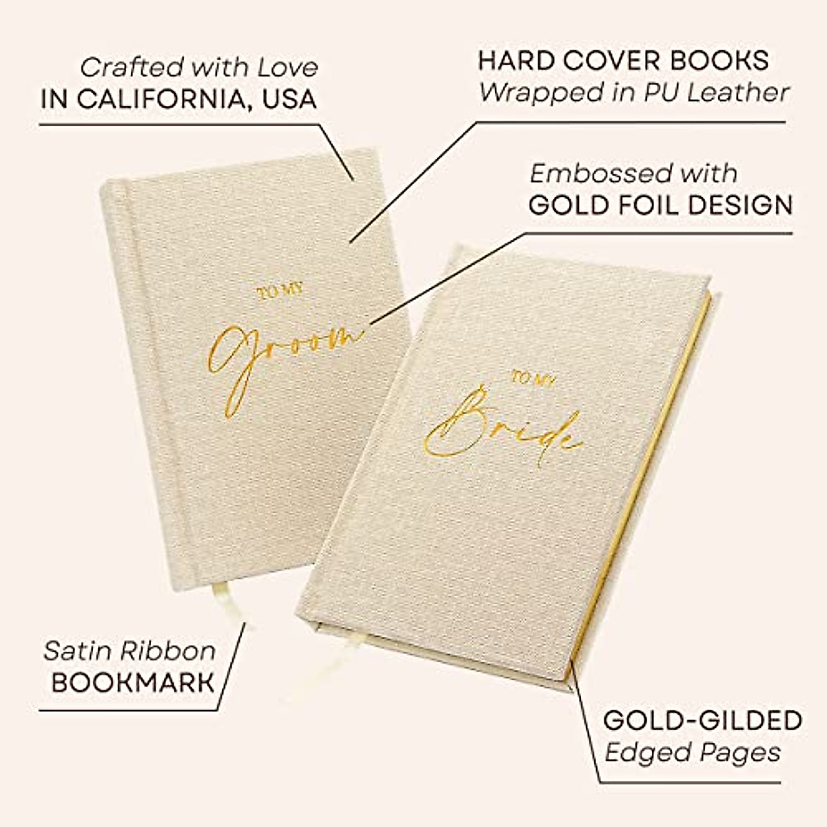MUUJEE to My Groom and to My Bride Vow Books (Set of 2) - Ivory Canvas Linen Gold Foil Embossed Vows Book Journal for Wedding Ceremony Vow Renewal Valentines Day Gift for Husband Wife