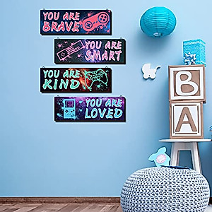 YLOLUL 4 Pieces Video Gaming Decor for Boys Room Wooden Video Game Wall Art Print 11.8 x 3 Inch Motivational Quote Gamer Hanging Plaques Wall Decor for Boys Kids Room Bedroom Playroom Decorations