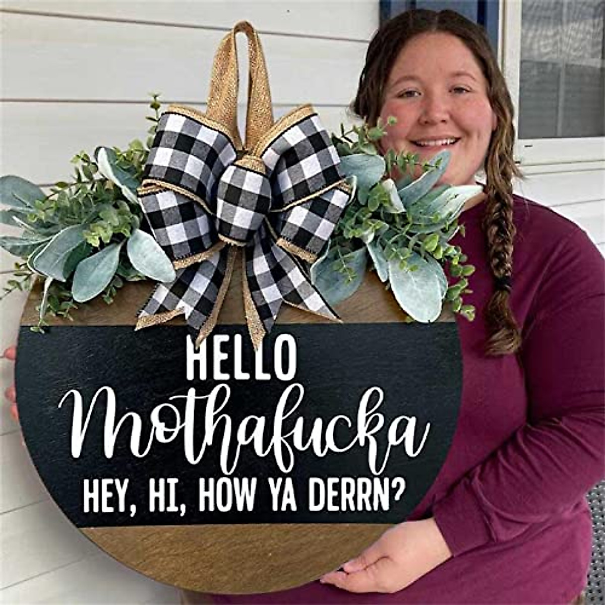 Funny Welcome Sign for Front Door,Hello Mothafucka, Hey, Hi, How Ya Derrn Hanging Door Signs,Rustic Round Wooden Sign Mothers Day Gift Decor for Farmhouse Porch Wall Home (A)