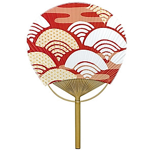 Shikoku Group Fan, Hemp Leaves, Blue Sea Wave, Red, Approx. 11.0 x 16.1 inches (28 x 41 cm)