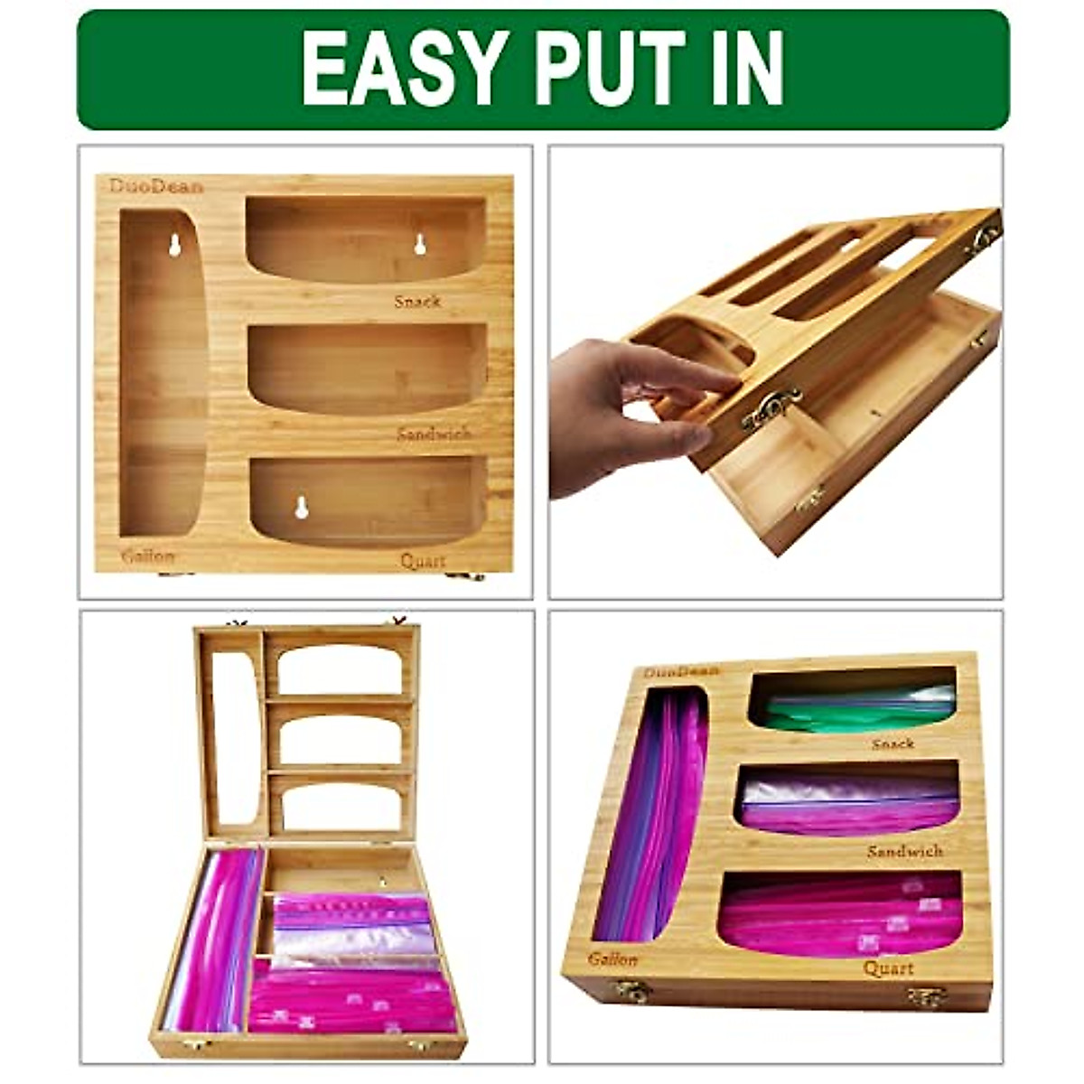 DUODEAN Ziplock Bag Storage Organizer for Drawer, Bamboo Plastic Baggie Storage Organizer with Four Slots, Compatible with Ziploc Sandwich, Gallon, Quart, and Snack Bags and Sliders