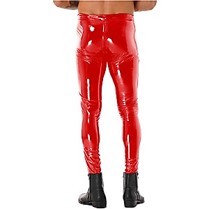 TSSOE Men Shiny Wetlook Patent Leather Skinny Pants Tight Zipper Crotch Clubwear Motor Biker Leggings Red Large