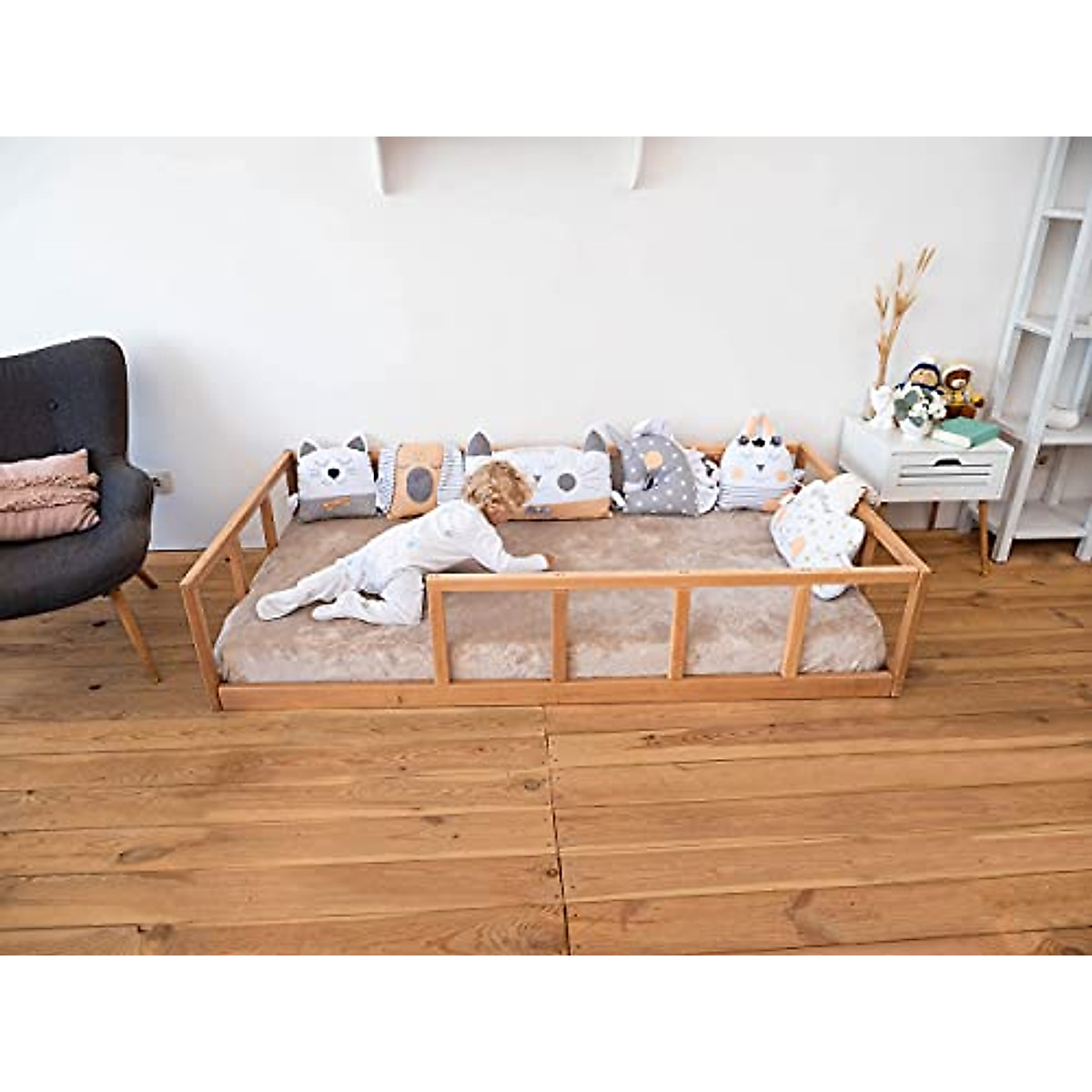 BUSYWOOD Platform Bed for Nursery - Bedroom Furniture for Toddlers - Montessori Floor Bed in Playroom for Boy and Girl (Model 10, Floor Bed without Slats)