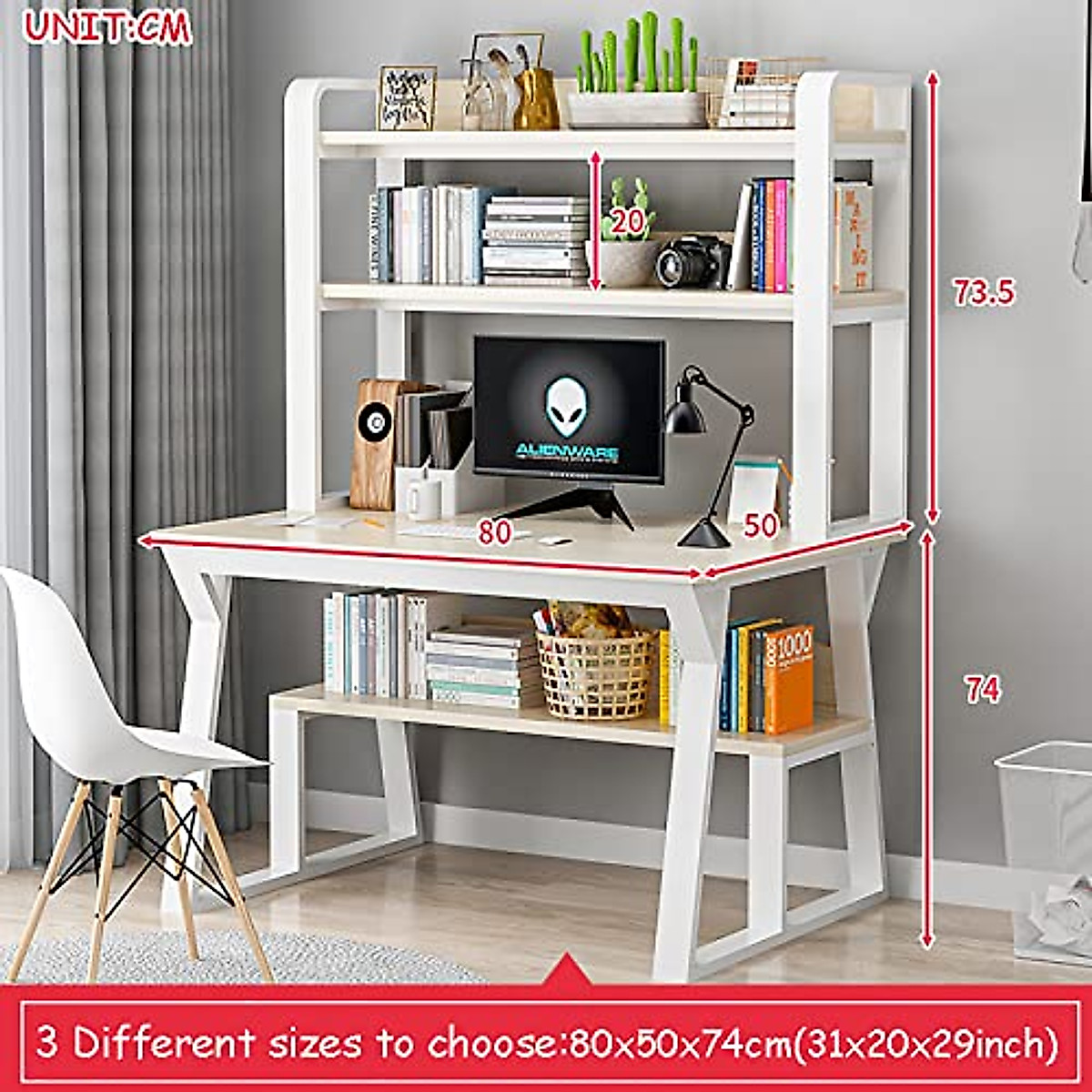 QQXX Computer Desk with Hutch and Bookshelf,47 inch Large PC Table with Metal Legs,Home Office Table Desk with Storage Shelves,Study Writing Workstation,Easy Assemble,White,31x20x29inch