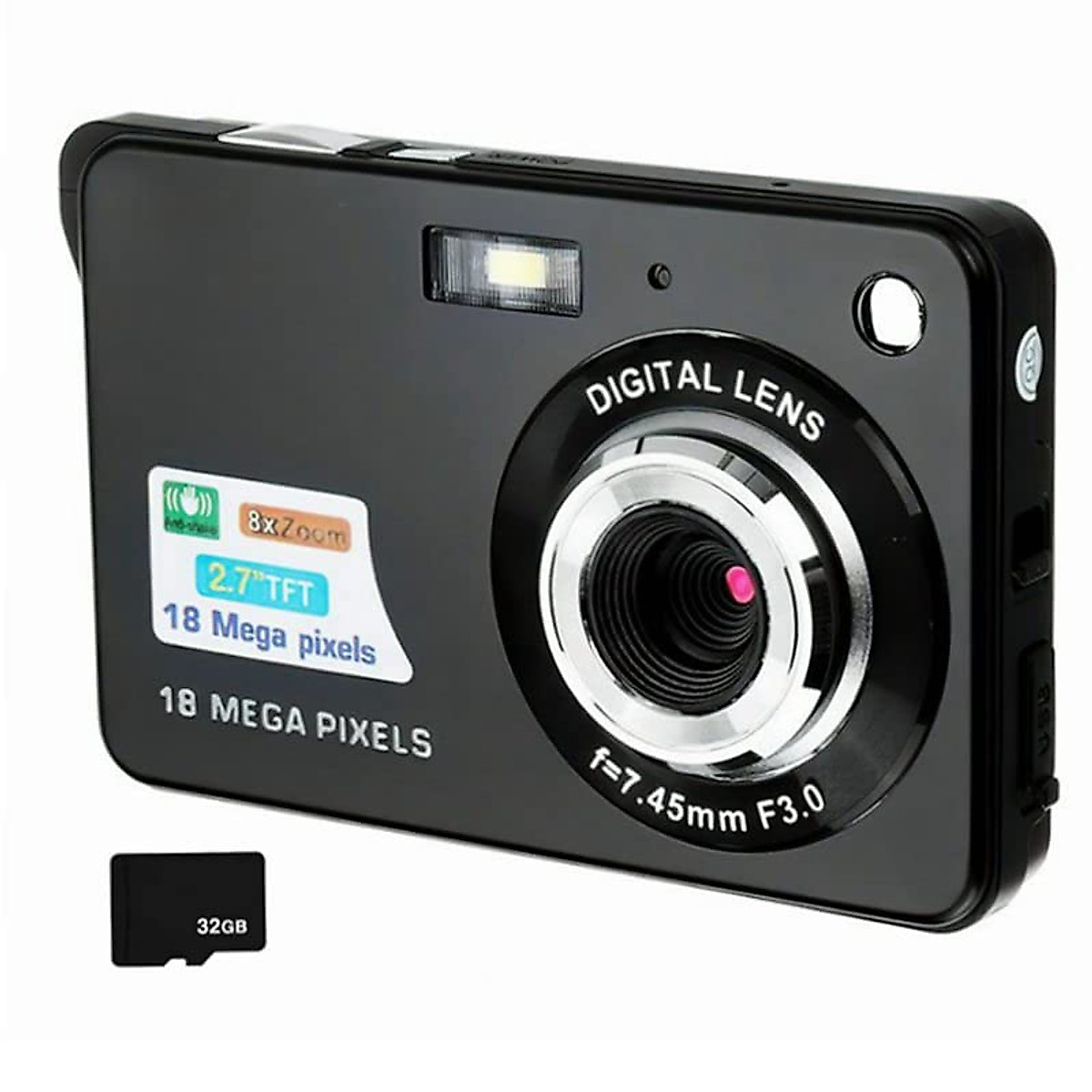 Digital Camera, Compact Camera,2.7 inch Pocket Camera,Rechargeable Small Digital Camera for Kids,School,Children,Adults,Photography with Digital Zoom(32GB SD Card Included,1 Battery) (Black)