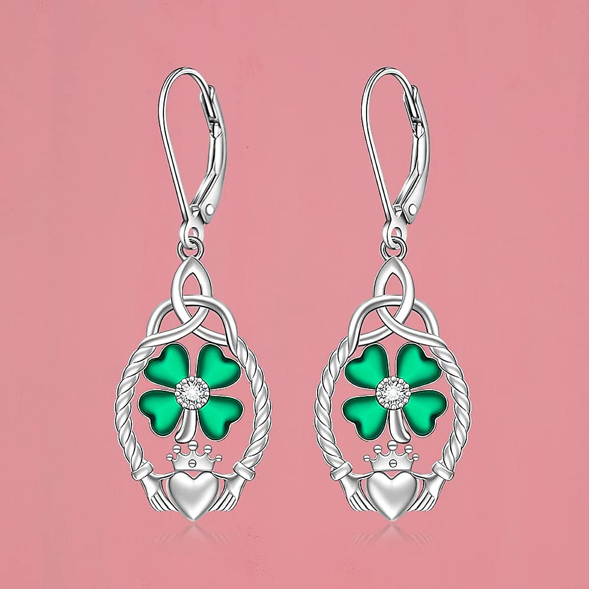 St Patricks Day Earrings Shamrock Earrings for Women Four Leaf Clover Sterling Silver Irish Celtic Claddagh Green Shamrock Dangle Lucky Jewelry Gifts