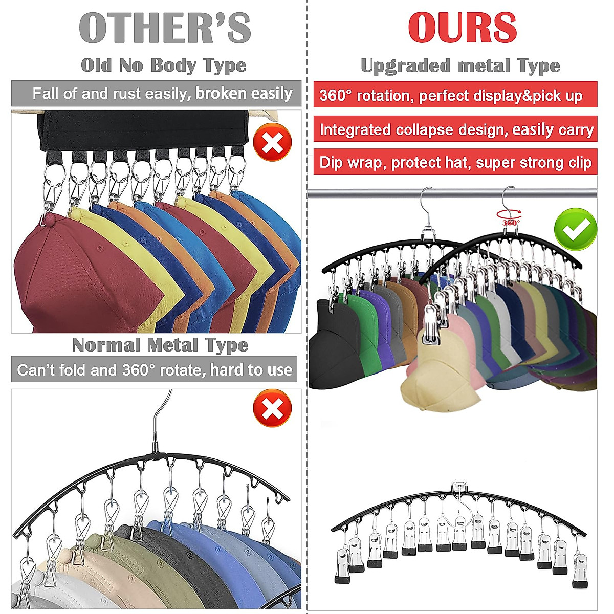 NAKBINX Hat Hanger for Closet, 2 Pack Metal Hat Organizer for Baseball Caps, 360° Rotation Hangers Space Saving with 30 Rubber Coated Clips, Foldable Hat Rack, Organizer&Display for Legging/Pant
