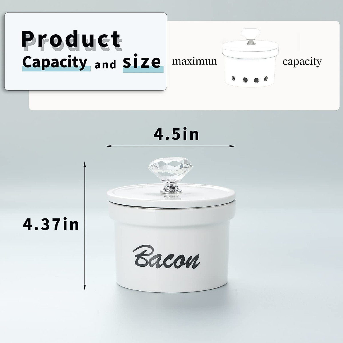 Bacon Grease Container Keeper with Crystal Lid and Strainer, 12 oz Ceramic Frying Oil Storage Can Container for Countertop,Farmhouse Kitchen Decor (Silver)