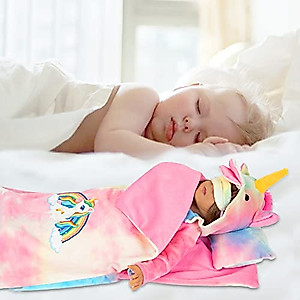 XFEYUE American 18 inch Doll Clothes and Doll Sleeping Bag Set - Rainbow Unicorn Doll Costume with Unicorn Style Sleeping Bag, Pillow, Eye Mask Slumber Party Accessories Fits 18 Inch Doll