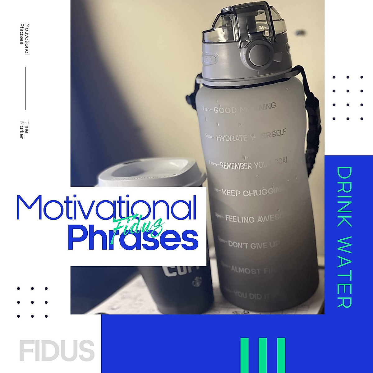 Fidus Large Half Gallon/64OZ Motivational Water Bottle with Paracord Handle & Removable Straw - BPA Free Leakproof Water Jug with Time Marker to Ensure You Drink Enough Water Daily-White/Gray