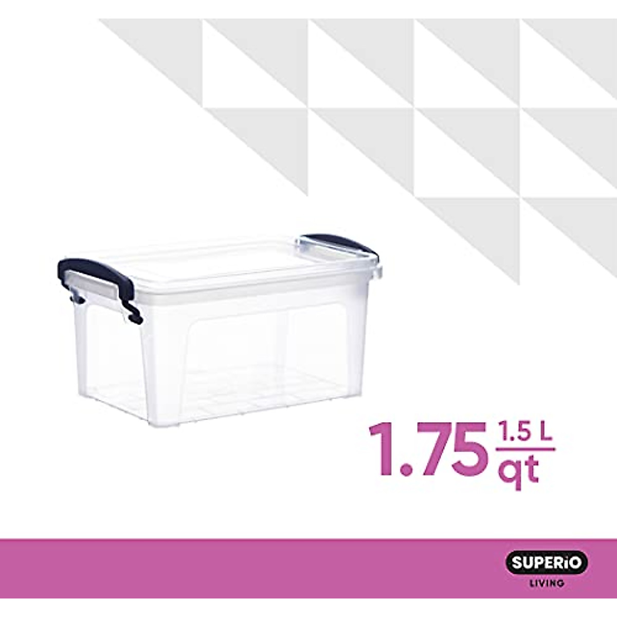 Superio Plastic Storage Box, Clear Container Bin with Lid, 1.75 Quart, Small Stackable Tote with Snap Lock Handles