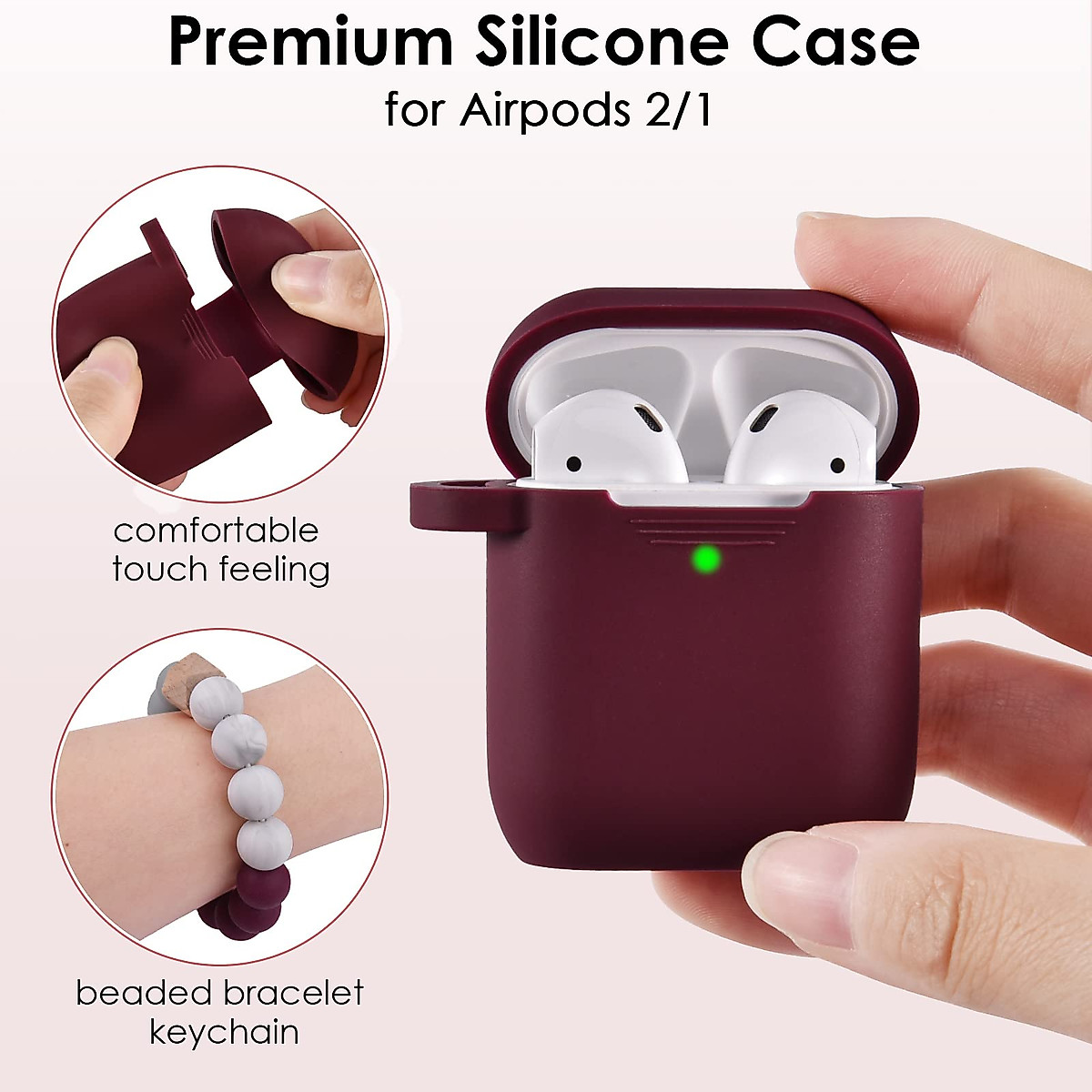 Filoto Airpods Case, Cute Apple Airpod 2/1 Cover for Women Girls, Silicone Protective Case with Bracelet Keychain (Burgundy)