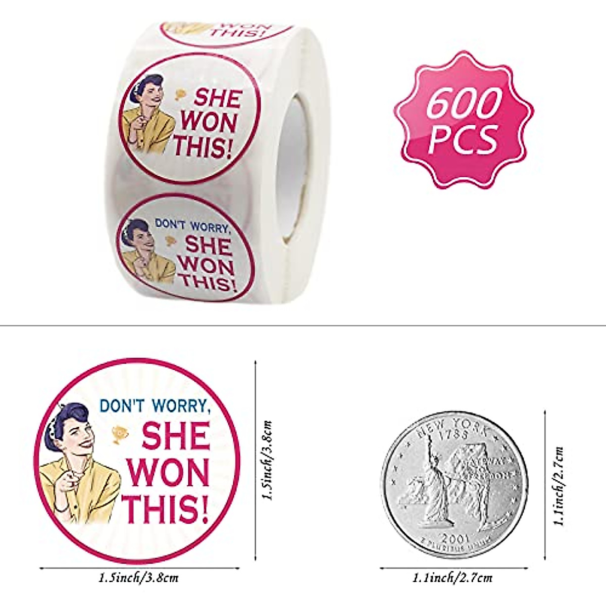 600 PCS Don't Worry She Won This Stickers, TNE Creator 1.5 Inch Small Shop Stickers Thank You Customer Appreciation Circle Sticker Labels for Small Businesses Packaging Sticker, Handmade Sticker