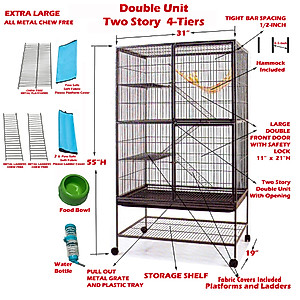 Two Story Extra Large 30.5"x19"x55"H 4-Level Double Front Doors Chew Free Feisty Ferret Chinchilla Small Animal Home Wrought Iron Cage Tight 1/2-inch Bar Spacing Rolling Stand Hammock