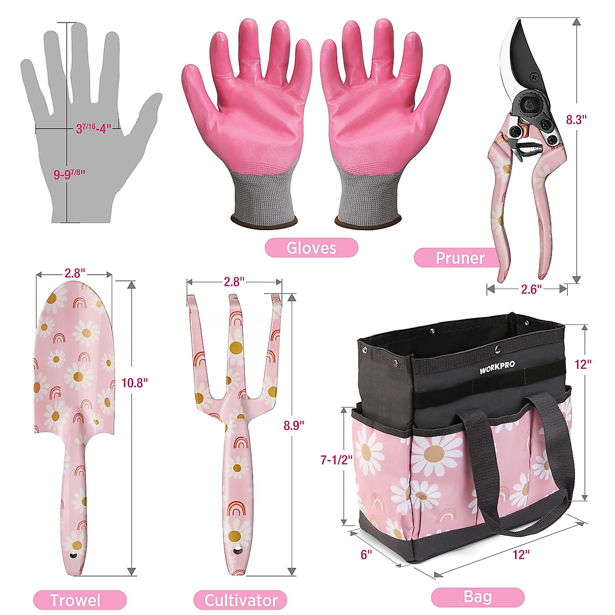 WORKPRO 5PCS Garden Tool Set, Aluminum Heavy Duty Gardening Tool Set with Garden Tool Bag, Outdoor Garden Hand Tools, Pink, Garden Gifts