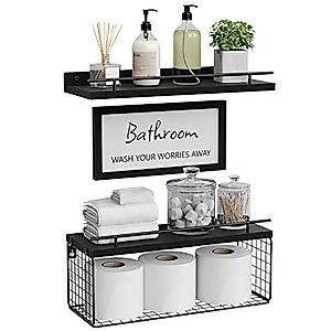 WOPITUES Floating Shelves with Bathroom Wall Décor Sign, Farmhouse Wood Bathroom Wall Shelves Over Toilet with Paper Storage Basket Set of 3, Rustic Floating Shelf with Guardrail–Deep Black