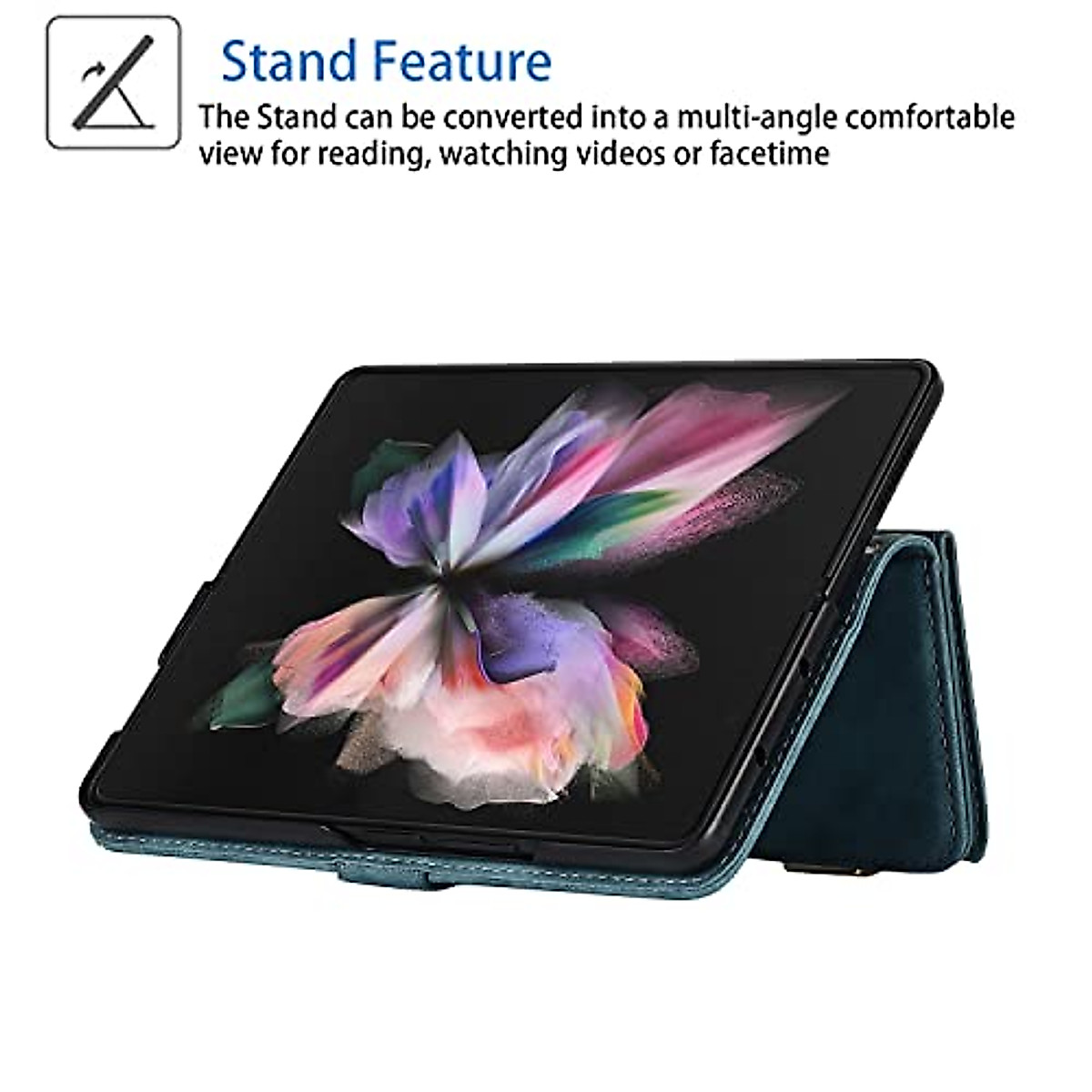 Cavor for Samsung Galaxy Z Fold 3 Crossbody Wallet Case with S Pen Holder, Leather Magnetic Closure Zipper Pocket Case with Card Slots Kickstand Feature TPU Shockproof Flip Cover,Light blue