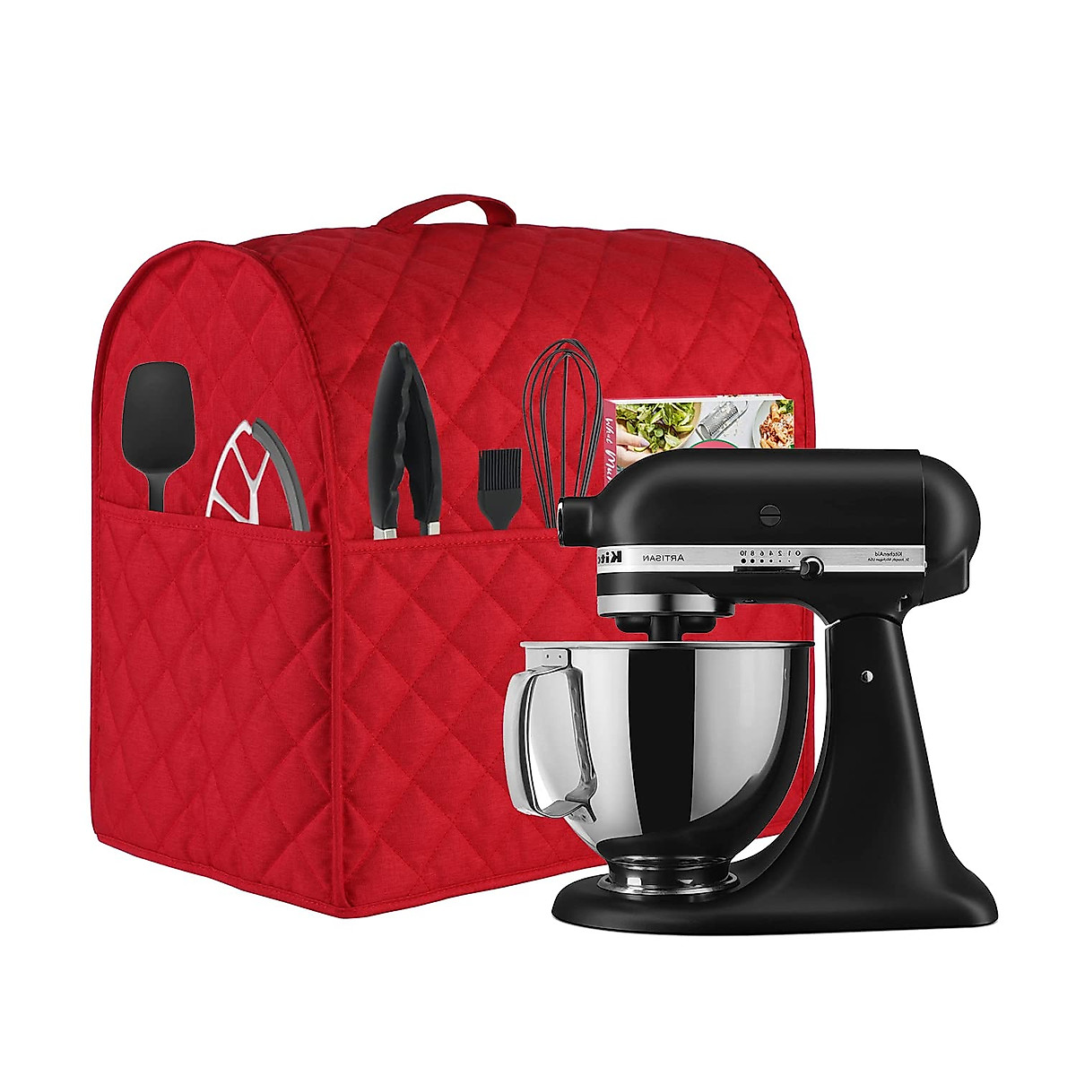 Stand Mixer Cover compatible with Kitchenaid Mixer, Fits All Tilt Head & Bowl Lift Models with 3 Organizer Bag for Accessories. (Red, For Bowl Lift 5-8 Quart)