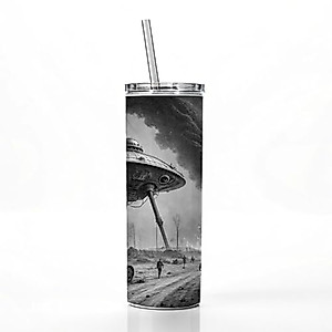 Martian Alien Invasion Tripod War Machine Retro Black and White Skinny Tumbler 20oz with Straw Insulated Water Bottle Gift