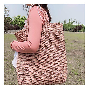 QTKJ Fashion Hand-Woven Soft Large Shoulder Bag Boho Straw Leather Handle Tote Retro Summer Travel Beach Handbag (Pink)