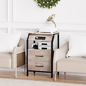 SZLHANJZ Storage End Table, Charging Nightstand with 2 Drawers, Small Fabric Dresser for Bedside, Wood and Metal Side Table for Living Room, Dorm, Grey Oak