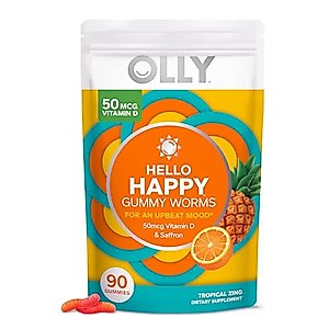 OLLY Hello Happy Gummy Worms, Mood Balance Support, Vitamin D, Saffron, Adult Chewable Supplement, Gluten Free, Tropical Zing - 90 Count
