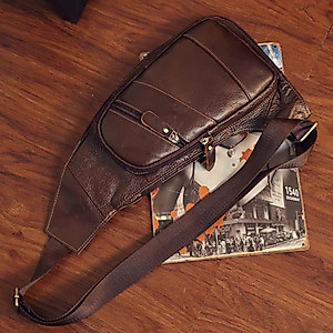 KPYWZER Genuine Leather Sling Backpack for Men Women Crossbody Shoulder Chest Bag Day Pack Outdoor Travel Camping Tactical Daypack Brown