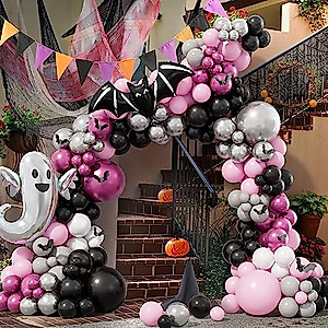 Bonropin 179pcs Pink Halloween Balloon Garland Arch Kit with Black Pink Silver Balloons Ghost Bat Foil Balloons 3D Bat Sticker for Girls Pink Halloween Decoration Birthday Baby Shower Party Supplies